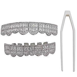Fashionable Metal Gold Teeth Decoration Plating Teeth Hip Hop Style Tooth Brace Set for Gift for Halloween for Men for Cosplay for Women for Party(Silver)