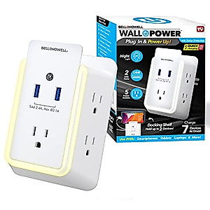 Bell+Howell Wall Power 7908 Surge Protector with Night Light (Automatic) and Device Holder, 5 Outlets 2 USB Ports Electrical Extender, White, 5.5" As Seen On TV