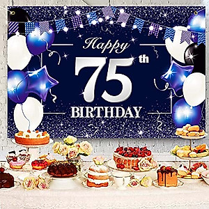 P.G Collin Happy 75th Birthday Banner Backdrop Sign Background 75 Birthday Party Decorations Supplies for Him Men 6 x 4ft Blue Purple Blue White 75