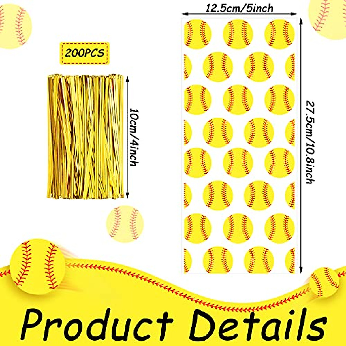 Outus 100 Pieces Softball Party Cello Bags Cellophane Softball Treat Bags Softball Goody Gift Treat Bags with 200 Gold Twist Ties for Birthday Favors Party Supply Bags Goody Favor Bags (Transparent)