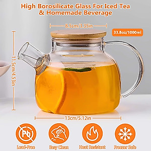 SITIEPA Glass Tea Pot Kettles Stovetop Safe, 33.8oz/1000ml Heatproof Borosilicate Glass Teapot Water Pitcher With Bamboo Lid and Removable Filter Spout for Loose Leaf and Blooming Tea
