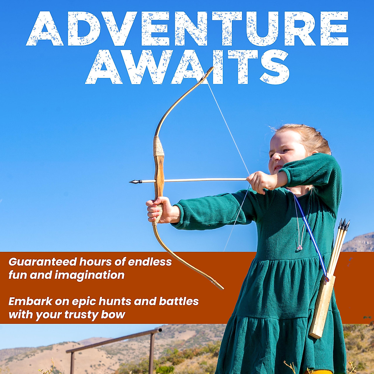 Adventure Awaits! - 2-Pack Handmade Girls Wooden Bow and Arrow Set - 20 Wood Arrows and 2 Quivers - for Outdoor Play