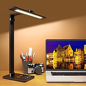 LED Desk Lamps for Home Office - Dimmable Desk Lamp with USB Charging Port, Desk Light with Wireless Charger, Eye-Caring Office Lamp for Desk Reading, Auto Timer, Touch Control Study Lamps for Dorm