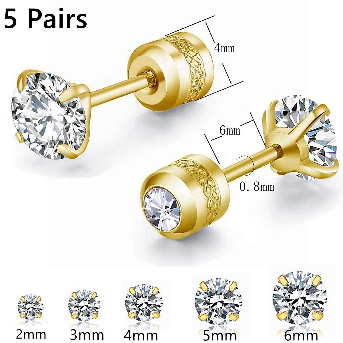 5 Pairs Titanium Screw Back Stud Earrings Set for Sensitive Ears, Hypoallergenic Surgical Stainless Steel Double Sided Round Cubic Zirconia Earrings for Women Men (5pcs gold stud set)