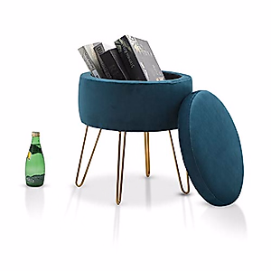 PHI VILLA Storage Ottoman,Blue Round Ottoman with Storage Box and Removable Lid, Upholstered Decorative Metal Legs Ottoman Footrest/Footstool for Living Room,Bedroom and Kids Room,Velvet,Blue