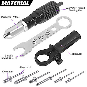 Swpeet 211Pcs Black Alloy Steel Electric Rivet Gun Adapter Kit, Including 2.4/3.2/4.0/4.8mm Diameter Rivet Head and Handle Wrench with 500Pcs Aluminum Blind Rivet Kit