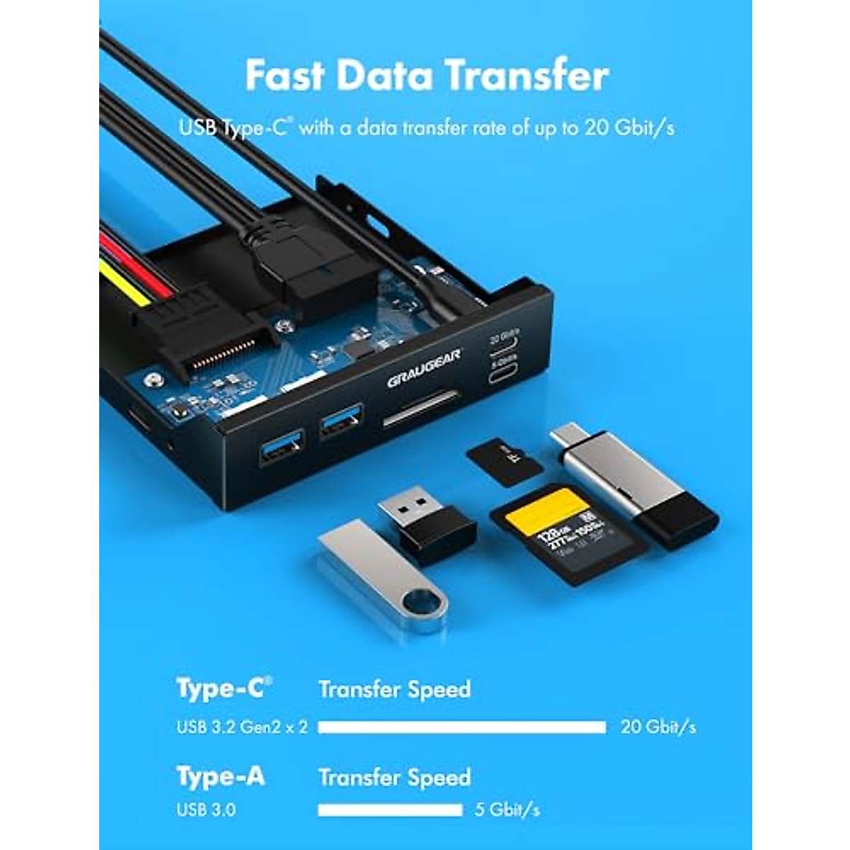 GRAUGEAR 3.5 Inch Front Panel USB C Hub, SD/microSD Internal Card Reader, 20Gbps USB 3.2 Gen 2x2, 20-pin Type-E Key-A Header & USB3.0 Header & 15-Pin SATA Power Connector Required [G-MP01CR]