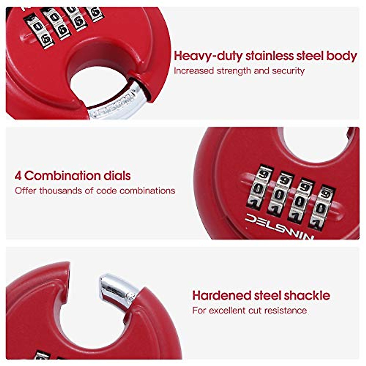 DELSWIN Outdoor Combination Padlock - 4 Digit Heavy Duty Disc Lock with Hardened Shackle,Combo Padlock for Gate,Storage Unit,Fence(25/64" Shackle, Red,2Pcs)