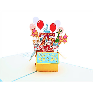 iGifts And Cards Happy 75th Blue Birthday Party Box 3D Pop Up Greeting Card – Seventy-Five, Awesome, Balloons, Unique, Celebration, Feliz Cumpleaños, Fun, Mom, Dad