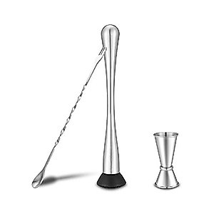 Stainless Steel Muddler for Cocktails,Mixing Spoon and Measuring Jigger,Professional Bar Tools,10-inch Bar Muddler for Making Mojitos,Margaritas and Other Fruit Based Drinks.