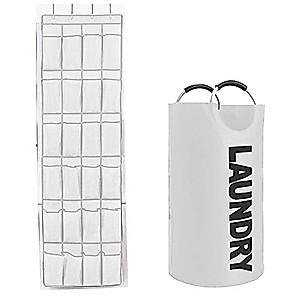 Gorilla Grip Over The Door Mesh Pocket Shoe Organizer and Laundry Basket, 24 Pocket Shoe Organizer and 80L Laundry Basket both in White Color, 2 item Bundle