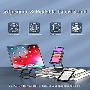 Minthouz Tablet Stand, Adjustable & Foldable Tablet Holder, Compact Aluminum Phone Stand with Anti-Slip Pads, Compatible with All 4.7-12.9 inches Mobile Phones/E-Readers/Tablets/Ultrabooks - Gray