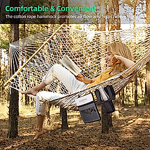 Cotton Rope Hammock with Tree Straps Kit, Ohuhu 52-Inch Wide 2 Person Hammocks for Outside with Bottle Holder & Side Pocket, All-in-One Double Hammock for Indoor Outdoor Garden Patio Yard Balcony