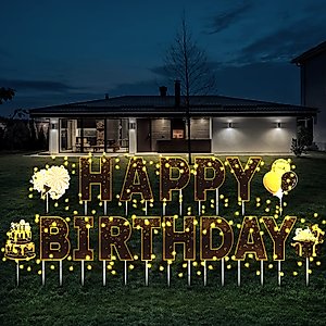 17 Pieces 16'' Happy Birthday Yard Signs with Stakes Birthday lawn sign with String Light Outdoor Decorations Yard Supplies for Home Garden Party, Black and Gold