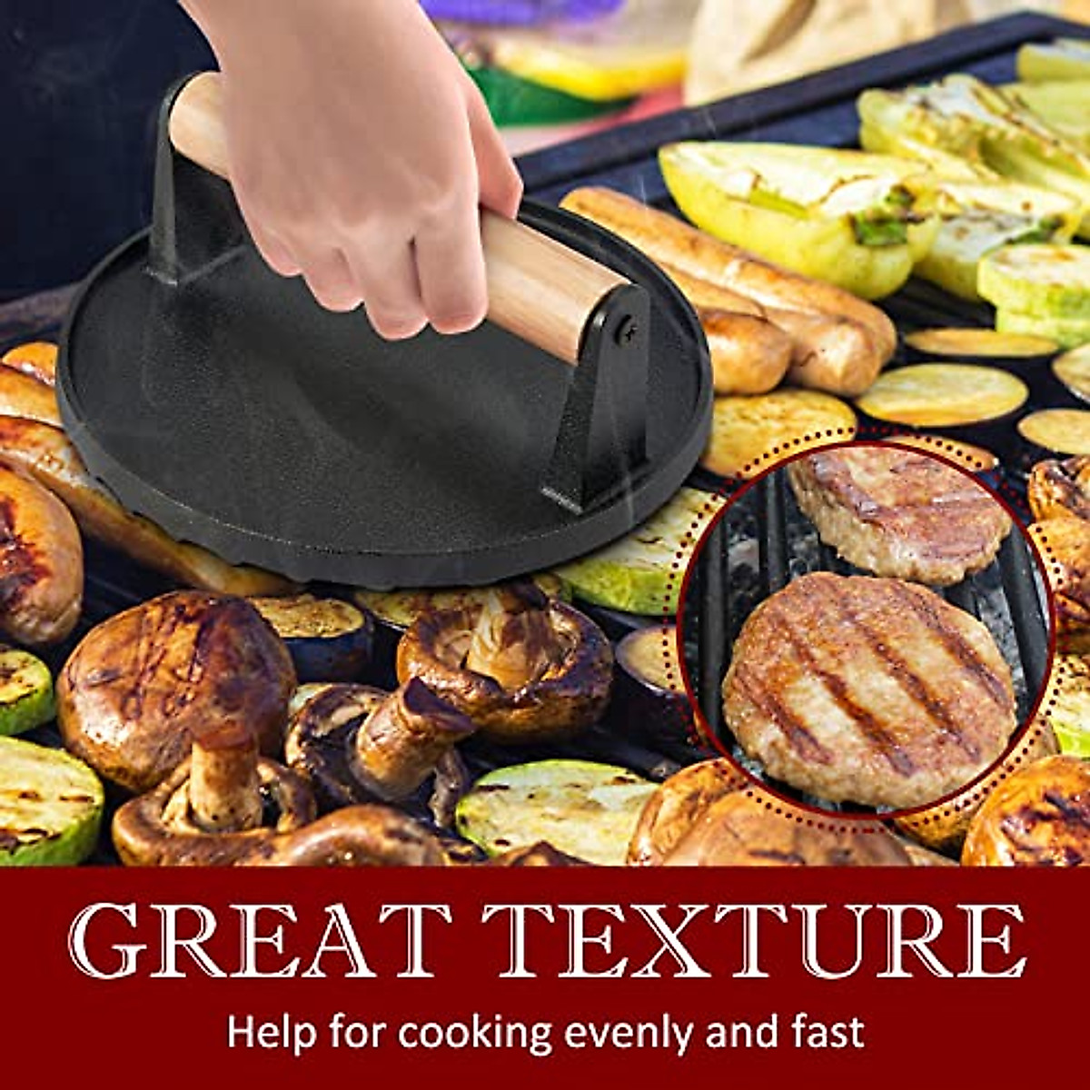 HaSteeL 2Pcs Cast Iron Bacon Press, Smash Burger Press for Teppanyaki Flat Top Griddle, Heavy Duty Round 7In & Rectangular 8x4In Grill Press, Perfect for BBQ Meat, Paninis, Tortilla, Steak, Sandwich