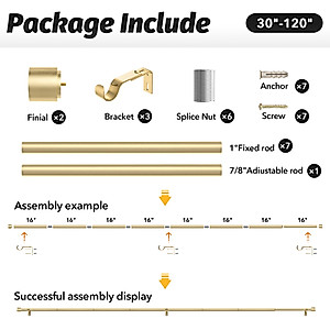 GEEBOBO Gold Curtain Rods for Windows 66 to 120 Inch, 1 Inch Adjustable Heavy Duty Easy Install Curtain Rods Set for Outdoor, Patio, Farmhouse, Bedroom, Living Room (Gold, 30"-120")