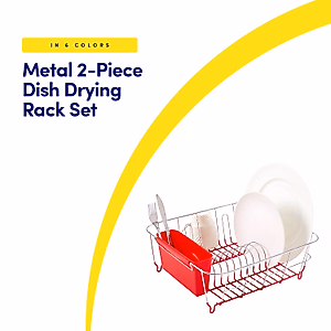 Sweet Home Collection Metal 2 Piece Dish Drying Rack Set Drainer with Utensil Holder Simple Easy to Use Fits in Most Sinks, 14.5" x 13" x 5.25", Red
