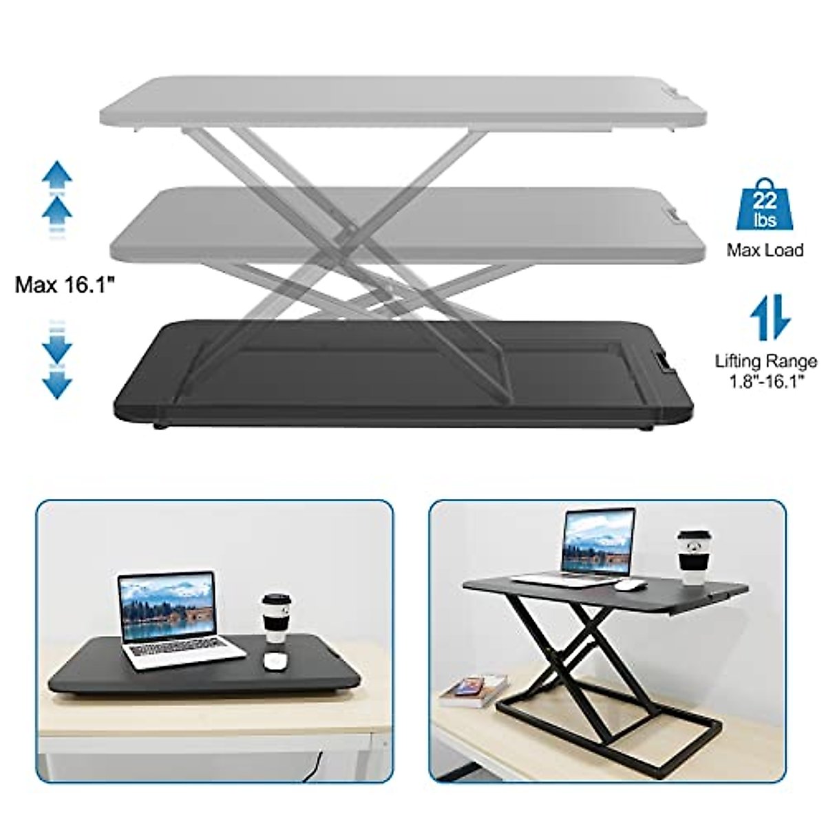 JYLH JOYSEEKER Compact Standing Desk Converter, 29.3 Inch Height Adjustable Preassembled Stand up Desktop Riser with Exclusive Handle for Laptop, Ultra Low Profile Design