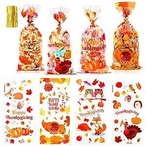100 Pack Thanksgiving Treat Bags, Fall Treat Bags, Thanksgiving Candy Bags Plastic Cellophane Goodie Bags Autumn Pumpkin Maple Leaves Cookie Gift Bags with Twist Thanksgiving Day Party Favors Supplies
