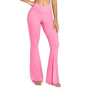 Sunzel Flare Leggings, Crossover Yoga Pants with Tummy Control, High Waisted and Wide Leg, No Front Seam Bubblegum Pink Medium 30" Inseam