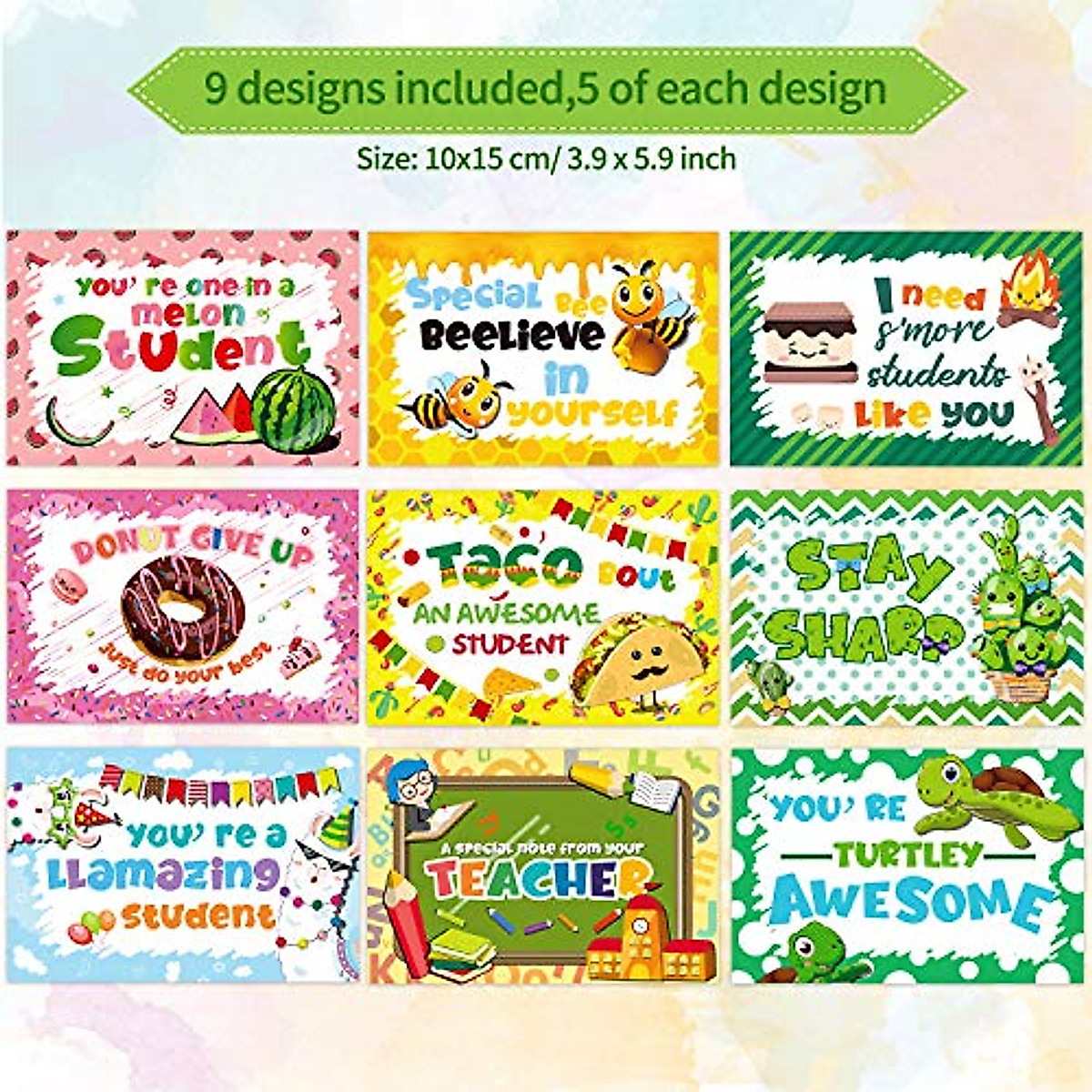 Outus Thinking of You School Postcards Motivational Inspiration Accents for Teachers to Send To Students, 9 Styles, 4 x 6 Inch Encouragement Notecards for Home School Classroom Preschool (45 Pieces)