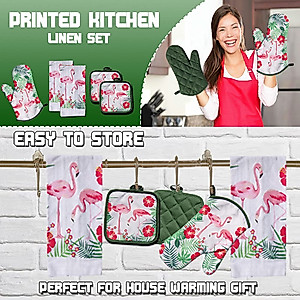 Lobyn Value Packs - 5 Piece Tropical Kitchen Towel Set: Features Flock of Pink Flamingos, 2 Decorative Dish Towels, 1 Oven Mitt, and 2 Potholders