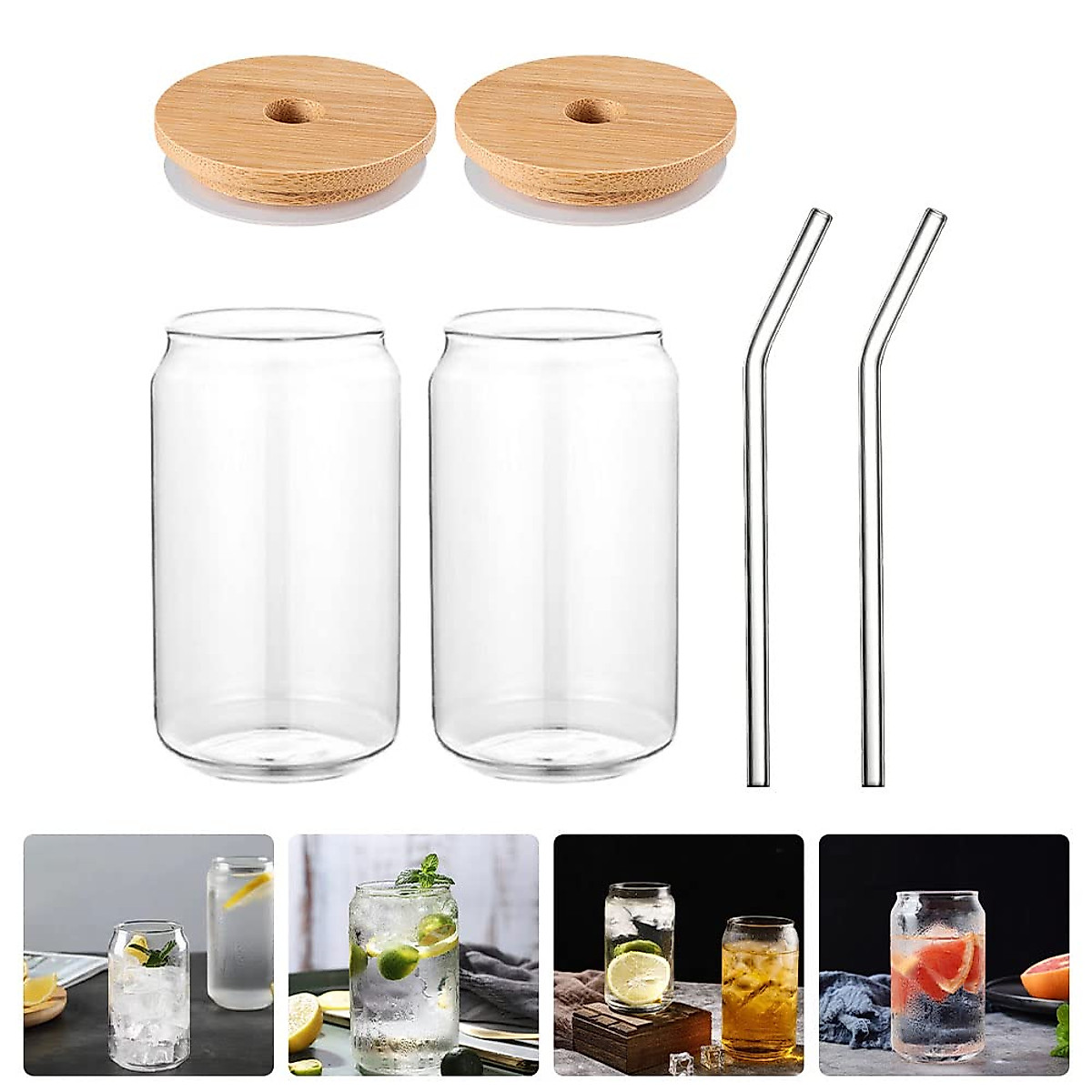 Hemoton 2Pcs Mason Jar with Lid and Straw, 12oz Wide Mouth Mason Jar Drinking Glasses Cups, Reusable Iced Coffee Cup, Cocktail Glasses, Transparent Silicone Sleeve Bamboo Lid, for Juices Cocktail