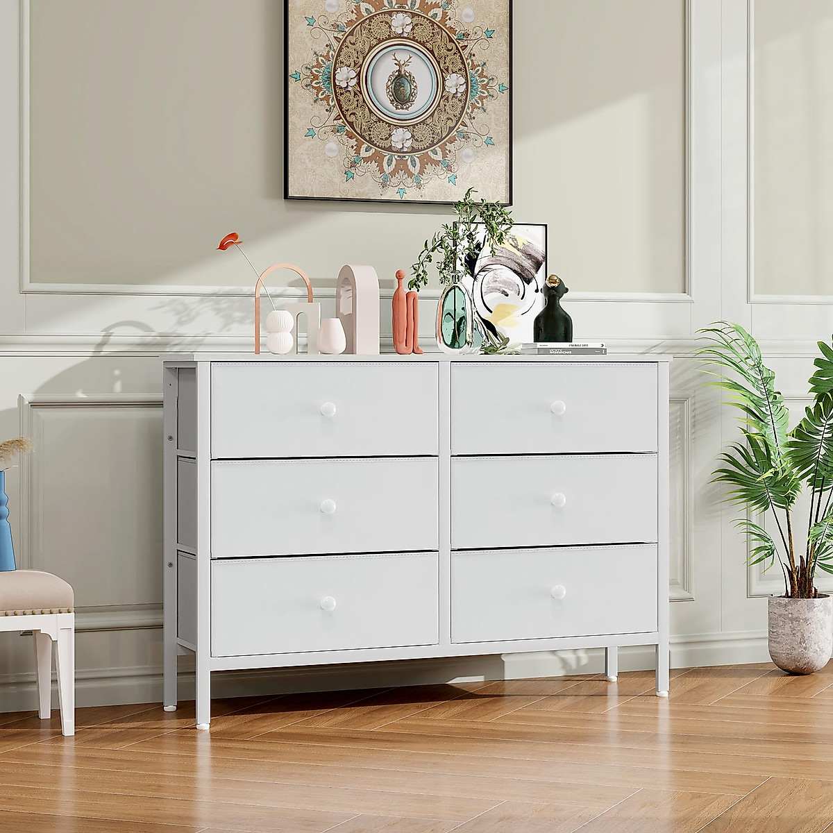 LYNCOHOME White Dresser for Bedroom, 6 Drawer Wooden Dresse, Small Dresser for Bedroom and 50" Tv, Entertainment Center with Metal Frame, Wooden Top,Dressers for Kids, Fabric Dressers for Nursery