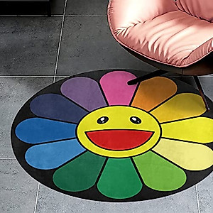 Takashi Murakami Sunflower Round Floor Mat Modern Home Decor Carpet Area Rug Non-Slip Door mat,for Indoor Living Dining Room Bedroom 4 Ft
