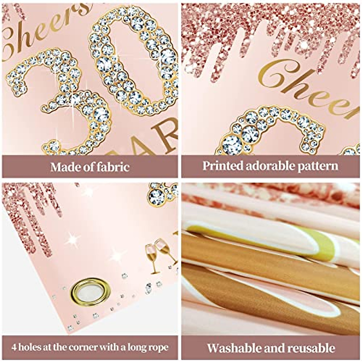 30th Birthday Decorations Cheers to 30 Years Banner, Pink Rose Gold Happy Birthday Backdrop Sign Party Supplies for Women Her, Thirty Birthday Poster Background Photo Booth Props Decor