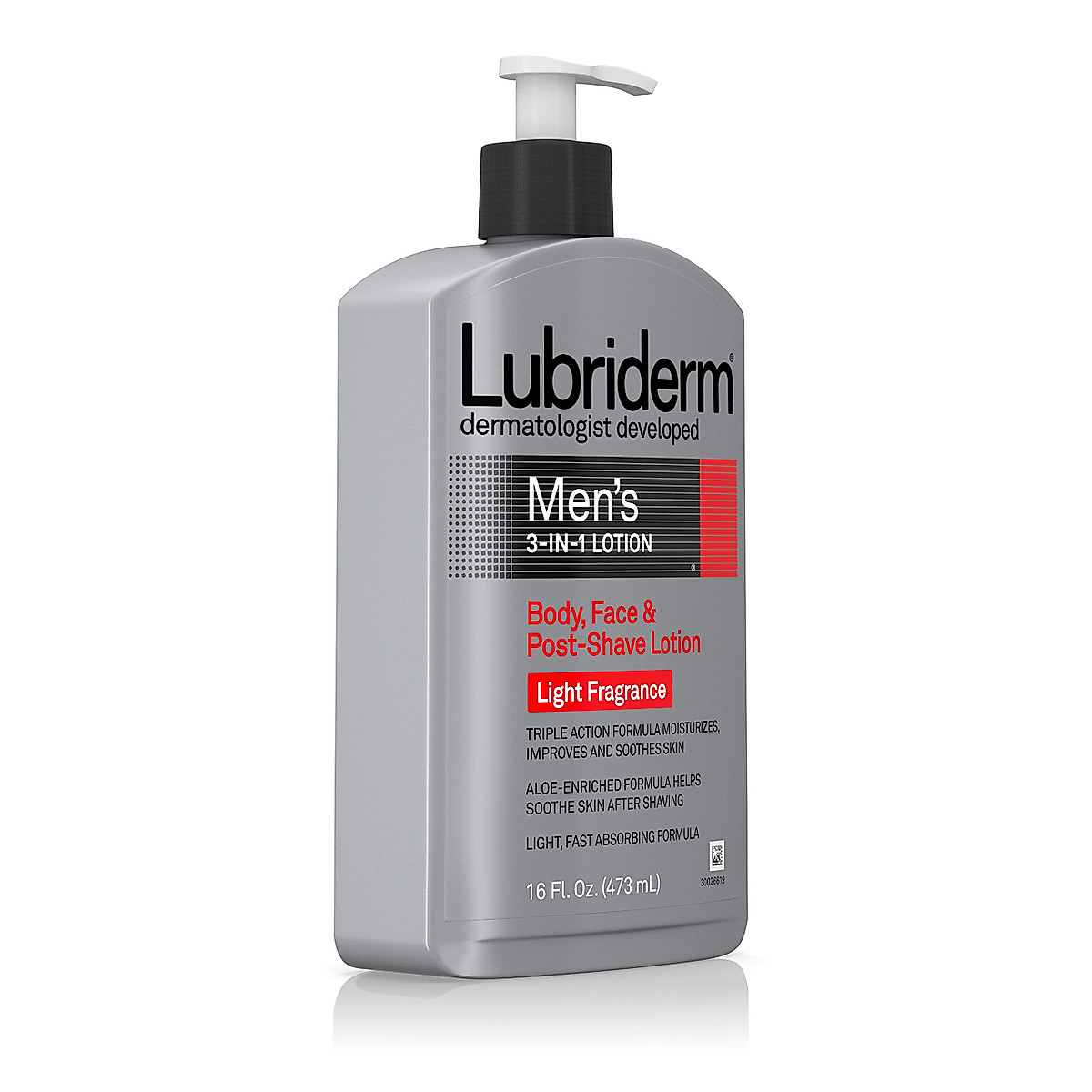 Lubriderm Men's 3-In-1 Lotion Enriched with Soothing Aloe for Body and Face, Non-Greasy Post Shave Moisturizer with Light Fragrance, 16 fl. oz