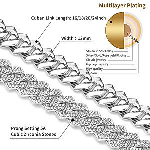 MOFEIJEWEL 13mm Cuban Link Chain For Men Women Iced Out Chain Miami Cuban Necklace Bling Diamond Chains Hip Hop Jewelry （Silver 20inch）