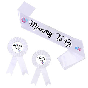 HAPPYLAND Gender Reveal Decorations Sash and Tinplate Badge Mommy to Be and Daddy to Be Baby Shower