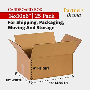 Partners Brand 14x10x6 Corrugated Cardboard Boxes, 14"L x 10"W x 6"H, Pack of 25 | Shipping, Packaging, Moving, Storage Box for Business, Strong Wholesale Bulk Boxes 14x10x6 14106