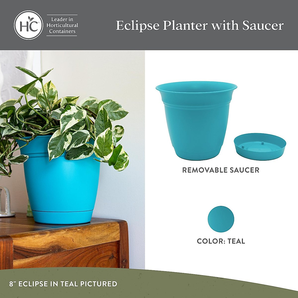 The HC Companies Eclipse Round Planter with Saucer - Outdoor & Indoor Plant Pot with Drainage Holes - Lightweight, UV-Resistant Plastic Pots for Plants, Flowers & Herbs (16" Teal, Pack of 1)