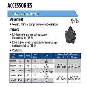 Little Giant RS-5 115-Volt Piggyback Diaphragm Pump-down Switch for Sump or Utility Pumps, 10-Ft. Cord, Black, 599008