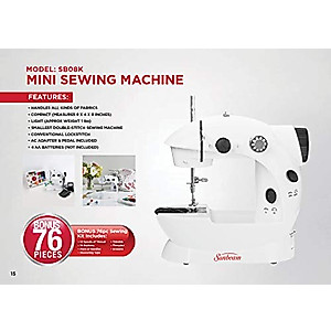 Sunbeam Mini Portable Sewing Machine AC Adapter Foot Pedal And Over 75 Piece Sewing Kit Included, Drop In Bobbin For Easy Set Up, Double Thread and Speed, Pre Threaded Ready To Use, Battery Operated As Well