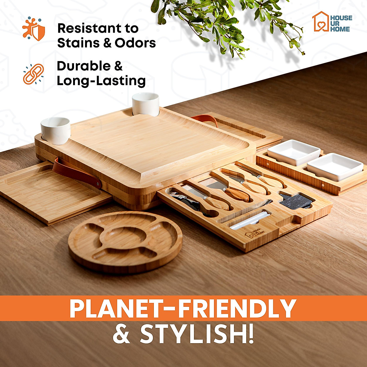 Cheese Board - 2 Ceramic Bowls 2 Serving Plates. Magnetic 4 Drawers Bamboo Charcuterie Cutlery Knife Set, Round Tray, 2 Forks, Wine Opener, Labels, Markers, Gift for Birthdays, Weddings, Housewarming