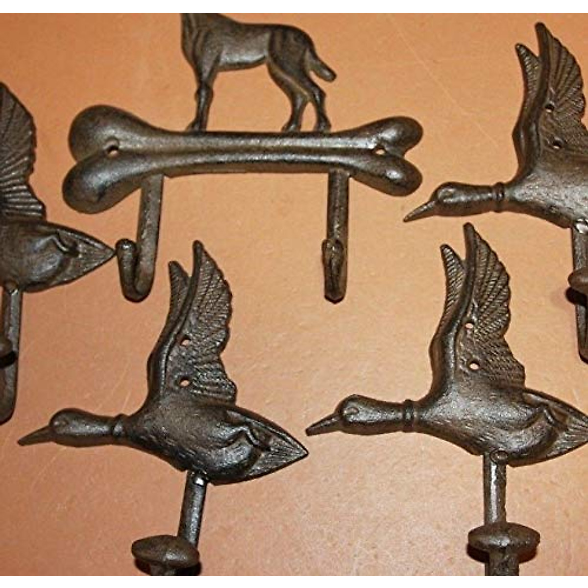 Southern Metal Duck Hunter Rustic Home Decor, Cast Iron Duck Retriever Dog, Bundle of 5 Coat Hat Wall Hooks