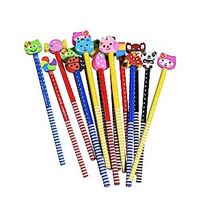 QDXATIVP 28PCS Fun Cute Pencils for Kids,Colorful Stripe Pencils with Assorted Fruit Animal Erasers Toppers,Pencils and Erasers Set for School Office Classroom Supplies Students Children