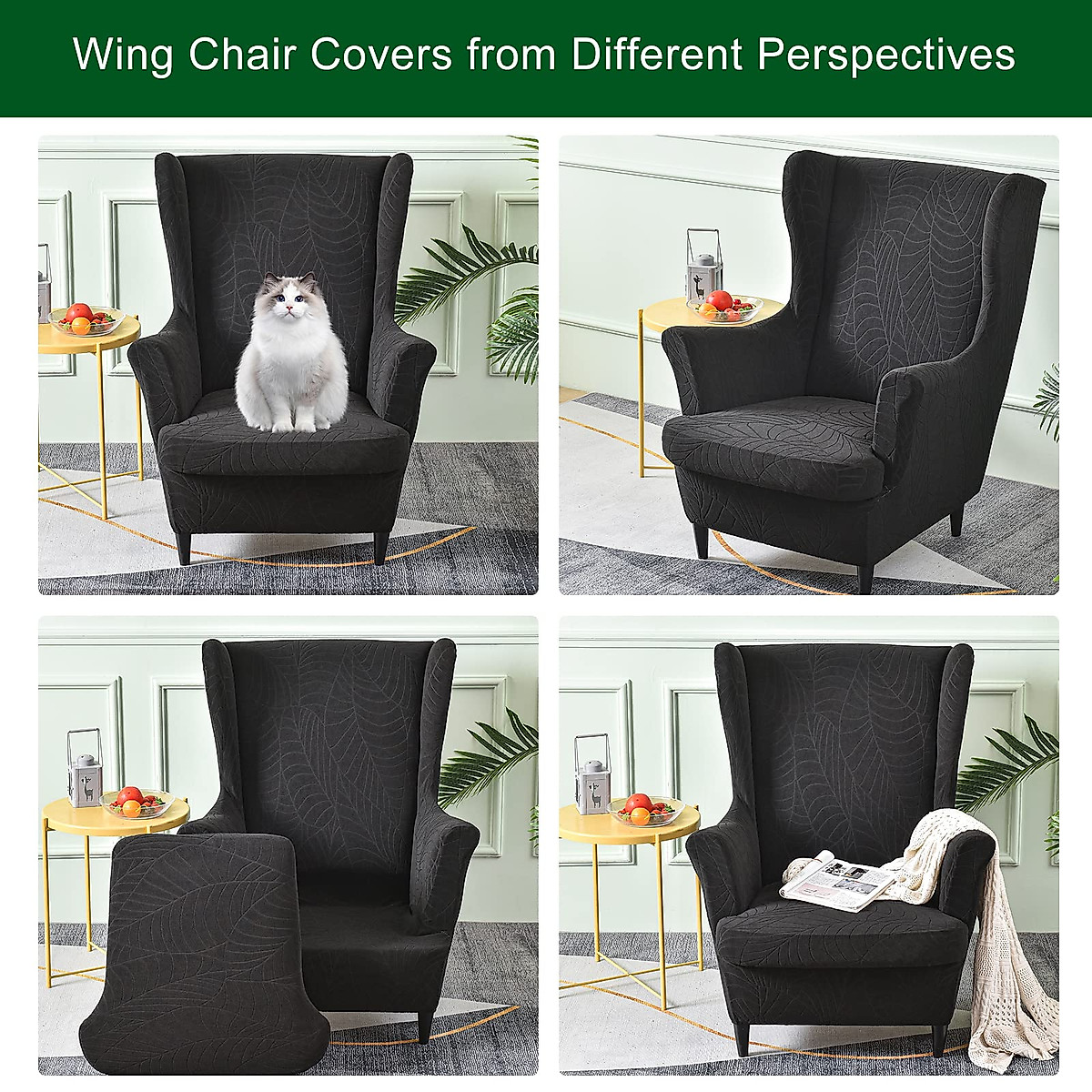 CRFATOP Jacquard Wingback Chair Slipcovers 2 Piece Stretch Leaf Wingback Chair Cover Polyester Fabric Wing Armchair Covers with Elastic Bottom for Living Room Bedroom Wingback Chair,A08