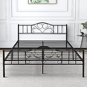 Airdown Queen Metal Bed Frame, Queen Size Platform Bed Frame with Vintage Headboard and Footboard, Mattress Foundation with Steel Slat Support, No Box Spring Needed, Easy Assembly, Black