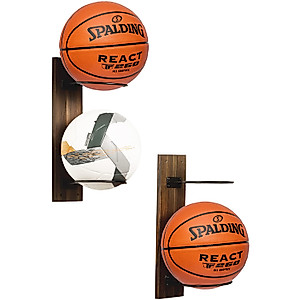 MyGift 4-Ball Rustic Burnt Wood and Round Black Metal Wall Mounted 2-Tier Multi Sports Ball Holder Display Rack for Basketballs, Soccer Balls, Volleyballs, Medicine Balls, Set of 2