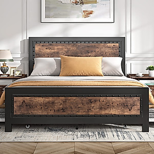 Keyluv Queen Bed Frame with 4 Storage Drawers, Rivet Modern Headboard and Footboard Platform Bed with Solid Wood Slats Support, No Box Spring Needed, Metal, Mattress Foundation Noise-Free
