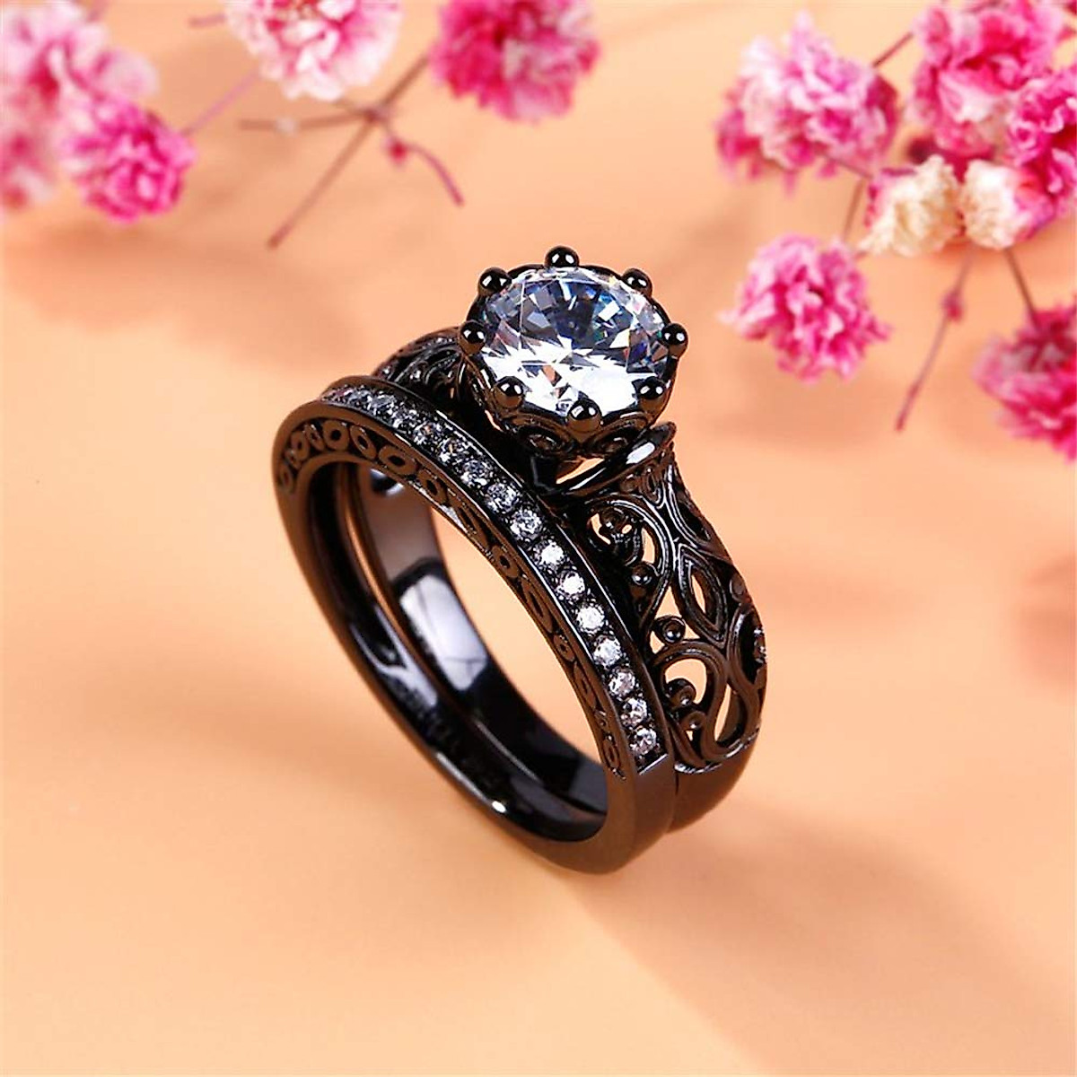Jeulia 2.5 Ct Black Tone Wedding Ring Set 925 Sterling Silver Round Cut Bridal Sets Vintage CZ Wedding Band Rings Anniversary Engagement Promise Rings for Her with Jewelry Gift Box (8)