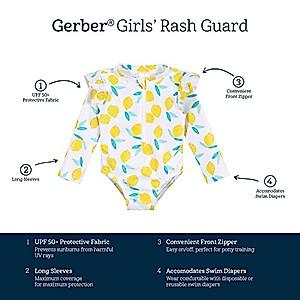 Gerber Girls' Toddler Long Sleeve One Piece Rashguard Swimsuit, White Yellow Lemons, 3T US