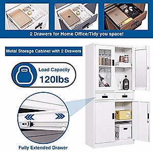 PEUKC Kitchen Pantry Cabinet, 71" Freestanding Kitchen Pantry Storage Cabinet with Drawer and Adjustable Shelves, Metal Tall Pantry Cabinet Cupborad with Glasses Doors, White