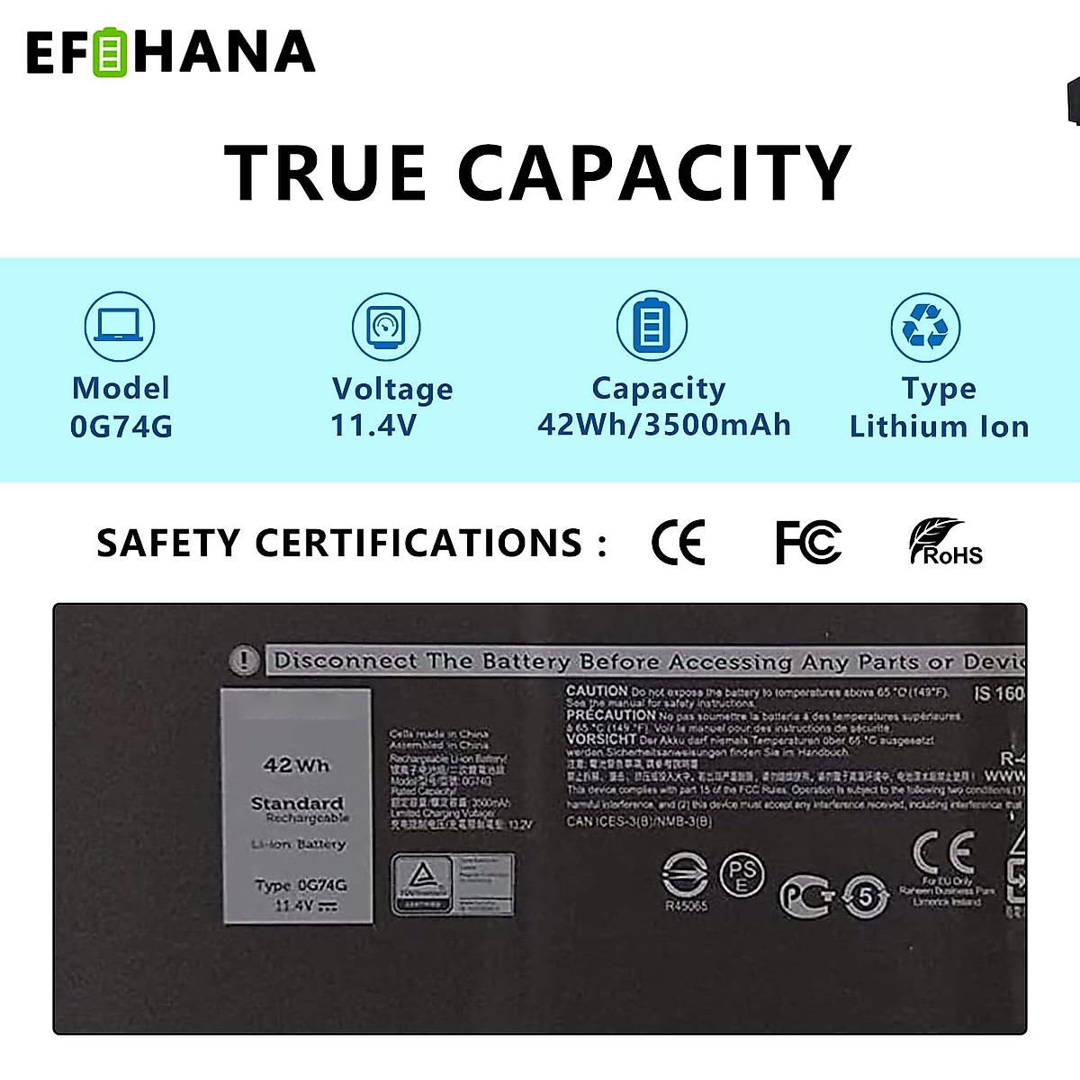 EFOHANA 0G74G Laptop Battery Replacement for Dell Latitude 7000 E7290 E7280 E7390 E7380 E7490 E7480 Series Notebook OG74G MXV9V 2PFPW 02PFPW 11.4V 42Wh 3500mAh 3-Cells
