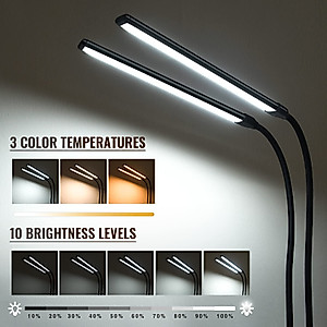 CeSunlight Desk Lamp, Clamp on Lamp with 2 LED Tubes, 13W, 1200 LMS, 3 Color Modes, 10 Brightness Levels, 18.5 Inches Flexible Gooseneck LED Clip Book Light for Reading, Working (Adapter Included)