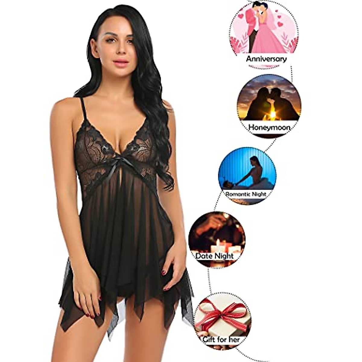 Avidlove Babydoll Lingerie for Women Sexy Sleepwear Bridal Nightgown Lace Langeray(Black Medium)